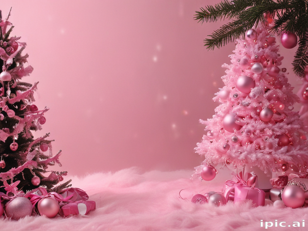 Charming Pink Christmas Scene with Festive Trees and Delightful Gifts