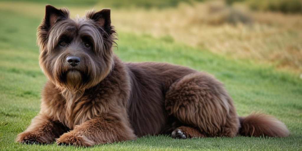 A Beautiful Brown Dog Relaxing Peacefully on a Green Field.