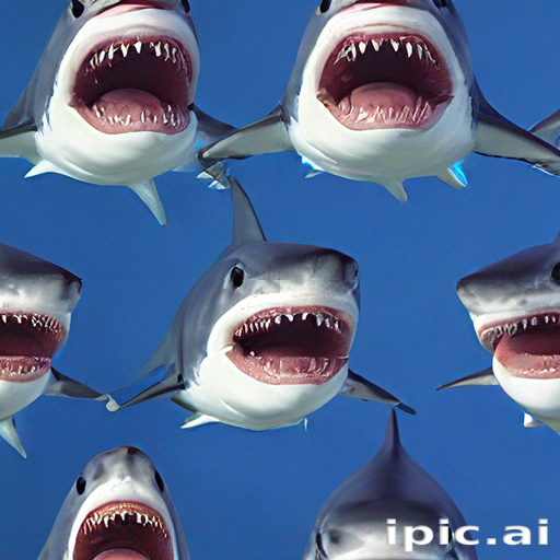 Multiple Sharks Displaying Their Teeth in a Vibrant Underwater Scene