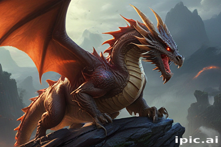 A Fierce Dragon Perched on a Mountain, Breathing Fire with Intensity.