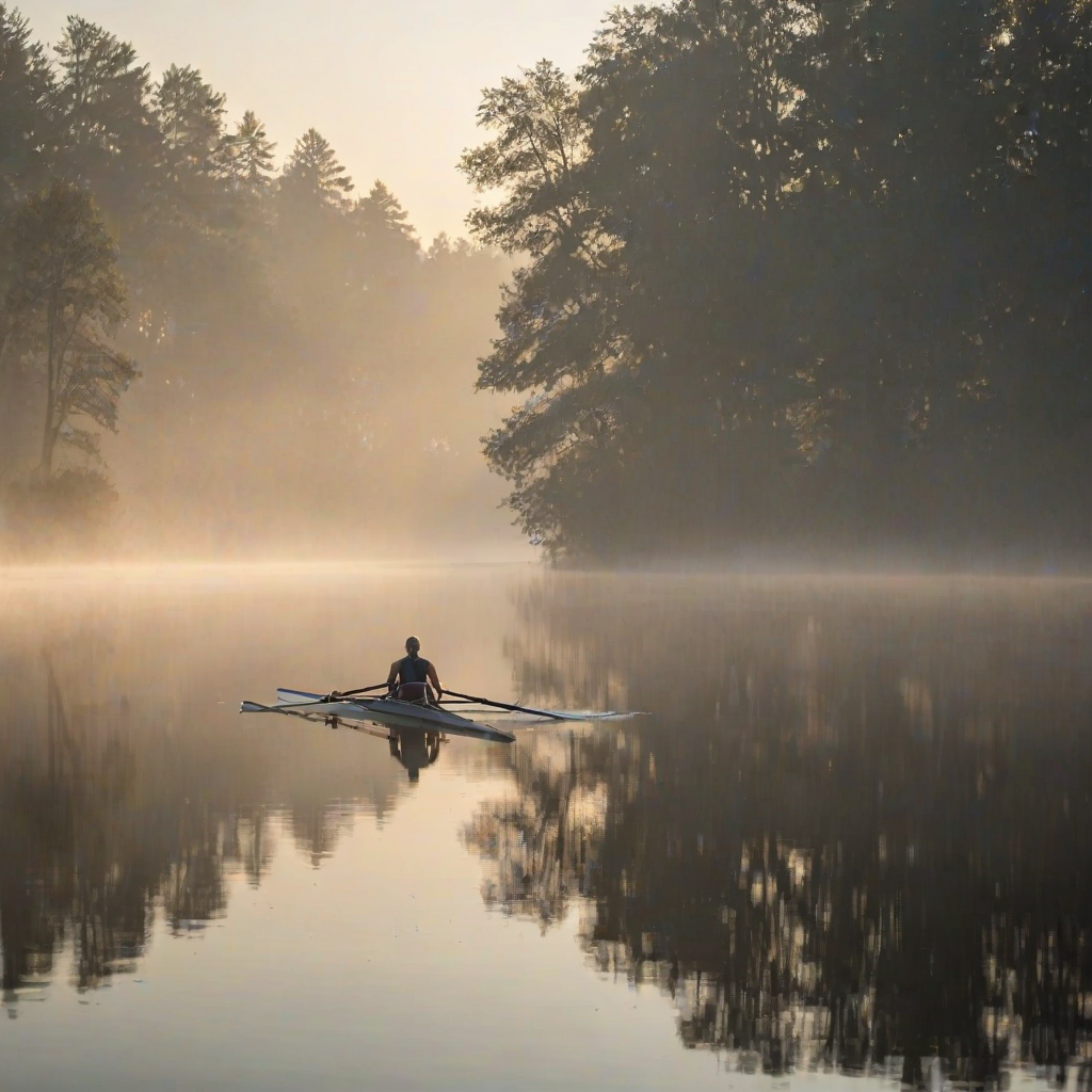 Serene Early Morning Rowing on a Misty Lake Surrounded by Trees