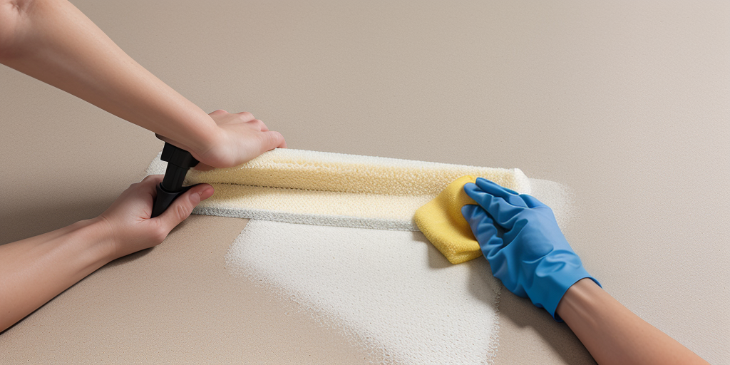 Two Hands Engaged in Cleaning a Surface with Foam and Sponge