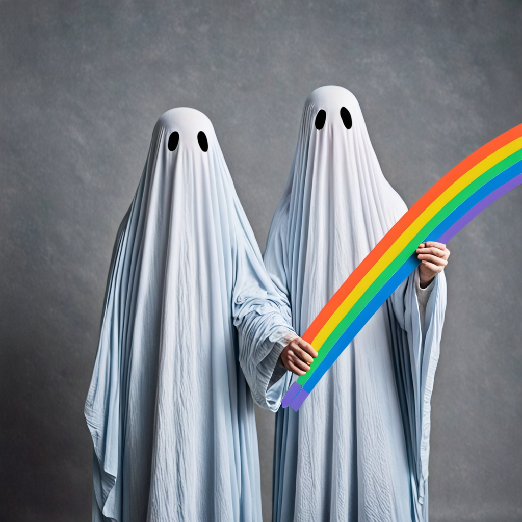 two male ghosts made of rainbows