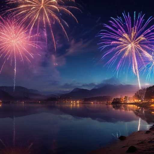 Colorful Fireworks Illuminating the Night Sky Over a Calm Lake