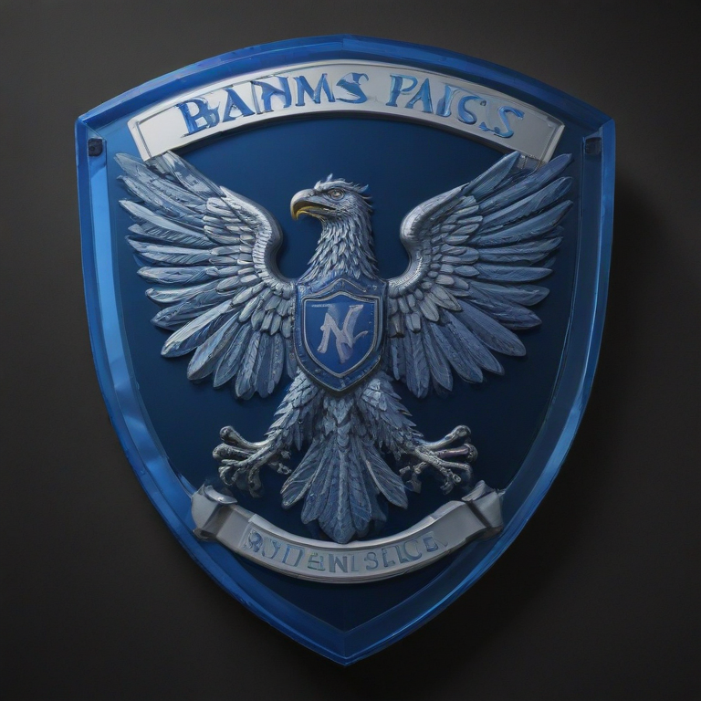 A blue eagle crest emblazed on a hologram shield with the words "Blue ...