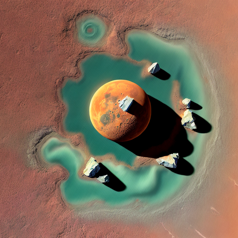 advanced human civilization, Mars like planet, semi-aerial view, busy ...