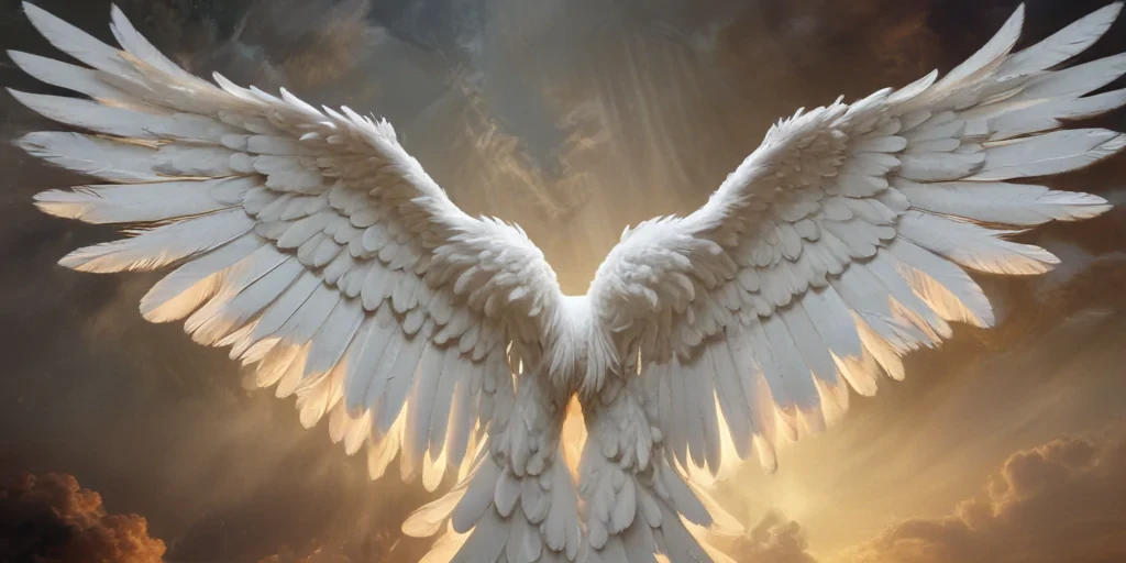 Majestic White Angel Wings Glowing Against a Dramatic Sunrise Sky