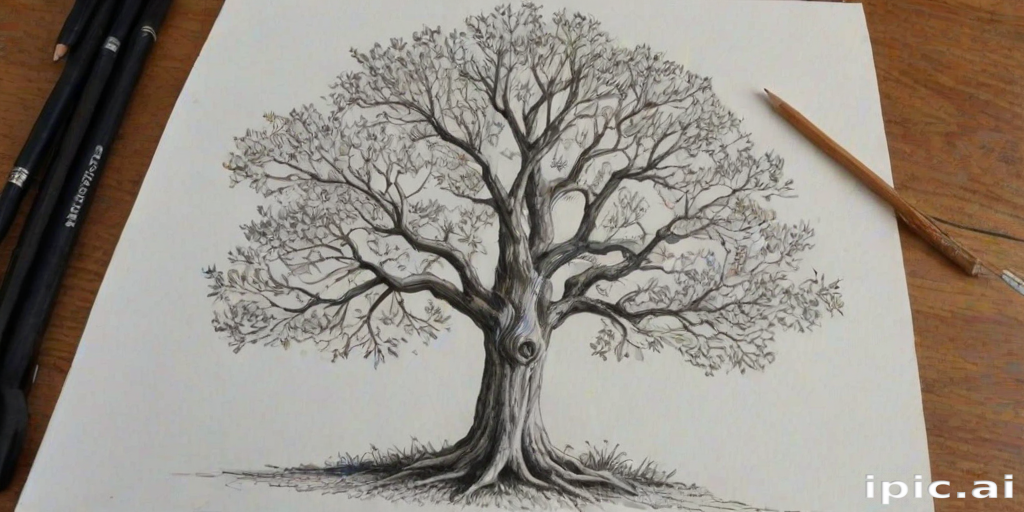 Intricate Pencil Drawing of a Majestic Tree with Detailed Branches