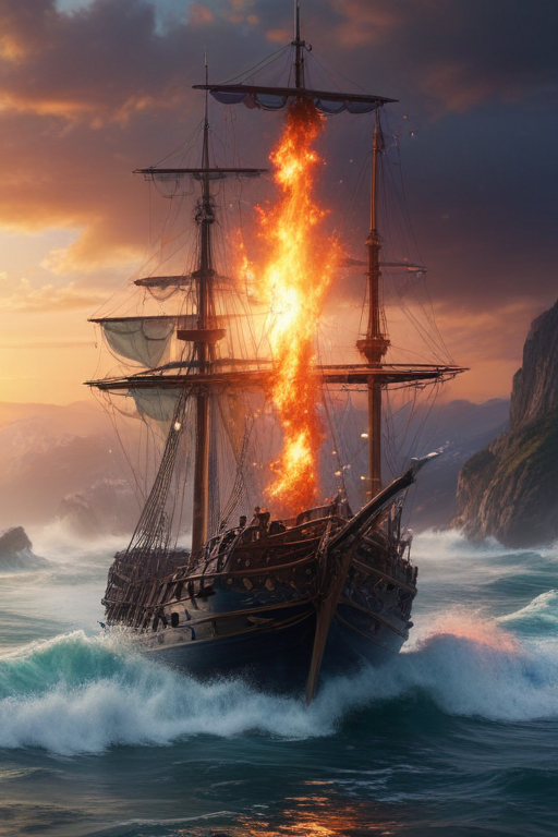 Majestic Pirate Ship Caught in Fiery Explosion Amidst Turbulent Ocean Waves
