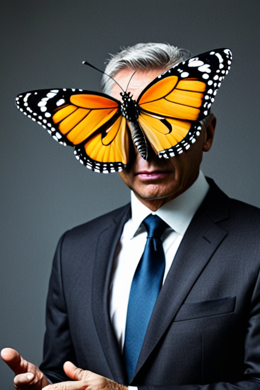 bird-butterfly hybrid creature threatening a ceo