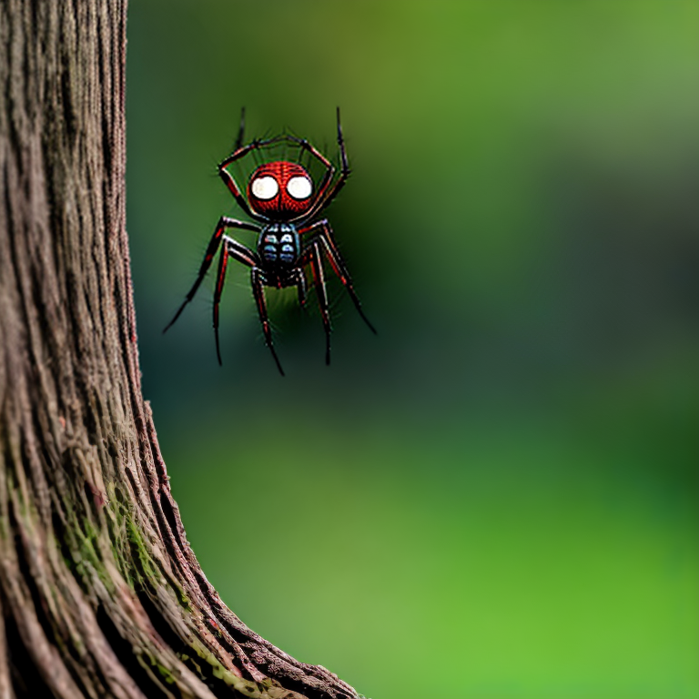 spider crawling up a tree, cartoon style, cute