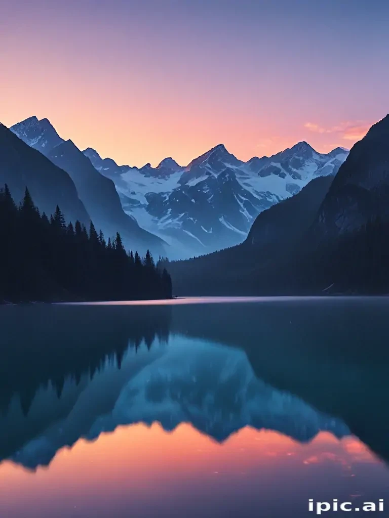 Tranquil Sunrise Over Serene Lake Surrounded by Majestic Mountain Peaks