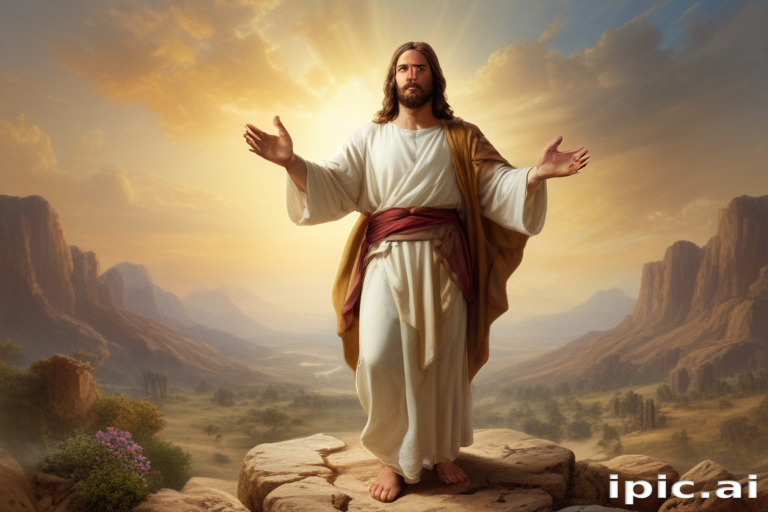 Jesus Christ Standing in a Majestic Landscape with Outstretched Arms