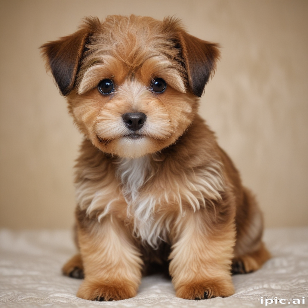 Adorable Puppy with Fluffy Fur Sitting Cutely on Soft Textured Surface.