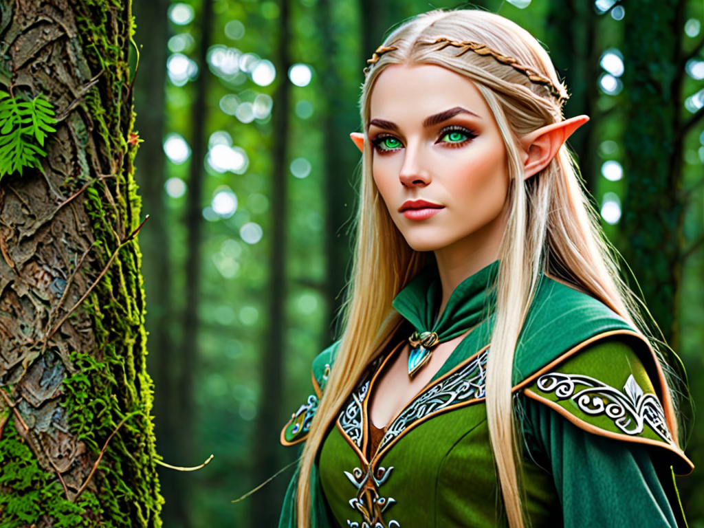 Wood Elf girl with, green eyes, long blonde hair, elven fabric clothing ...