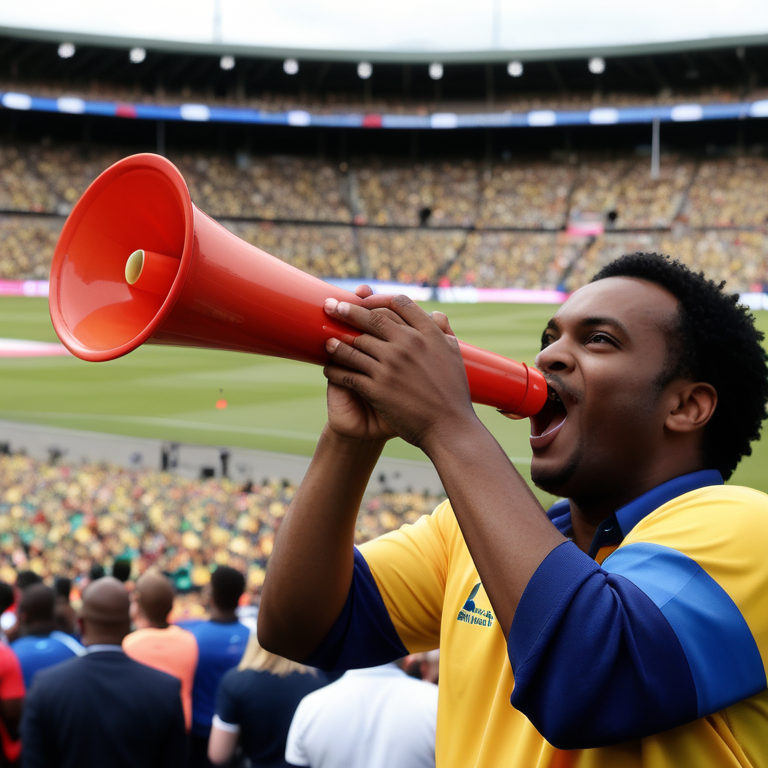 Excited Fan Cheering Loudly with a Megaphone at a Sports Event