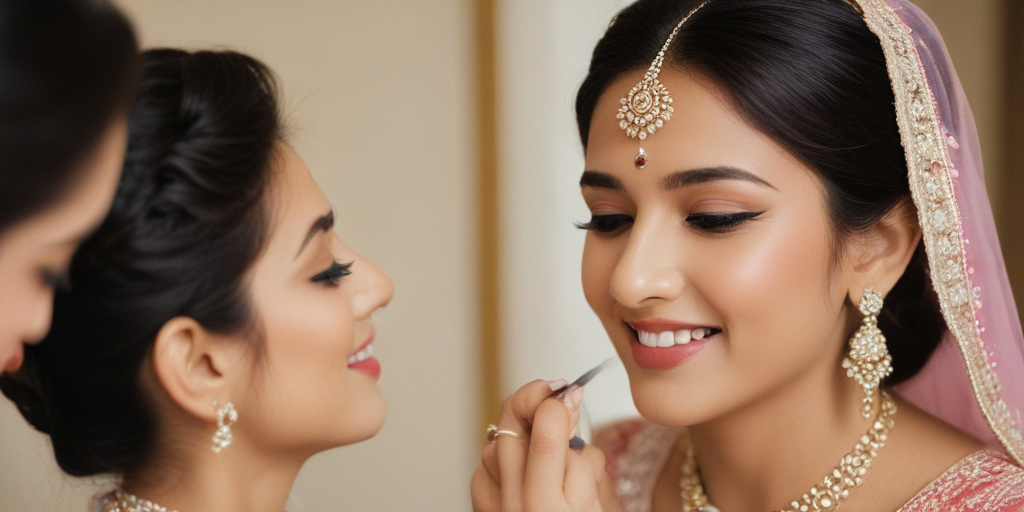 a gorgeous indian bride getting her makeup done, working with the make ...