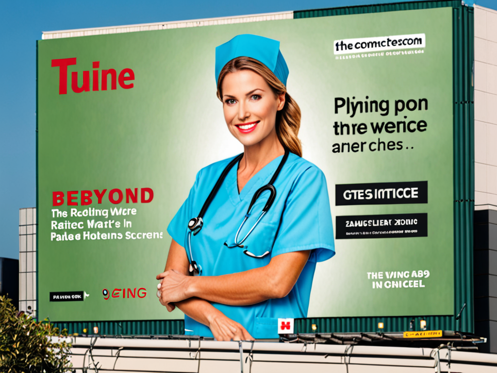 A Nurse in a Beyond Care Scrubs Ad printed on a billboard