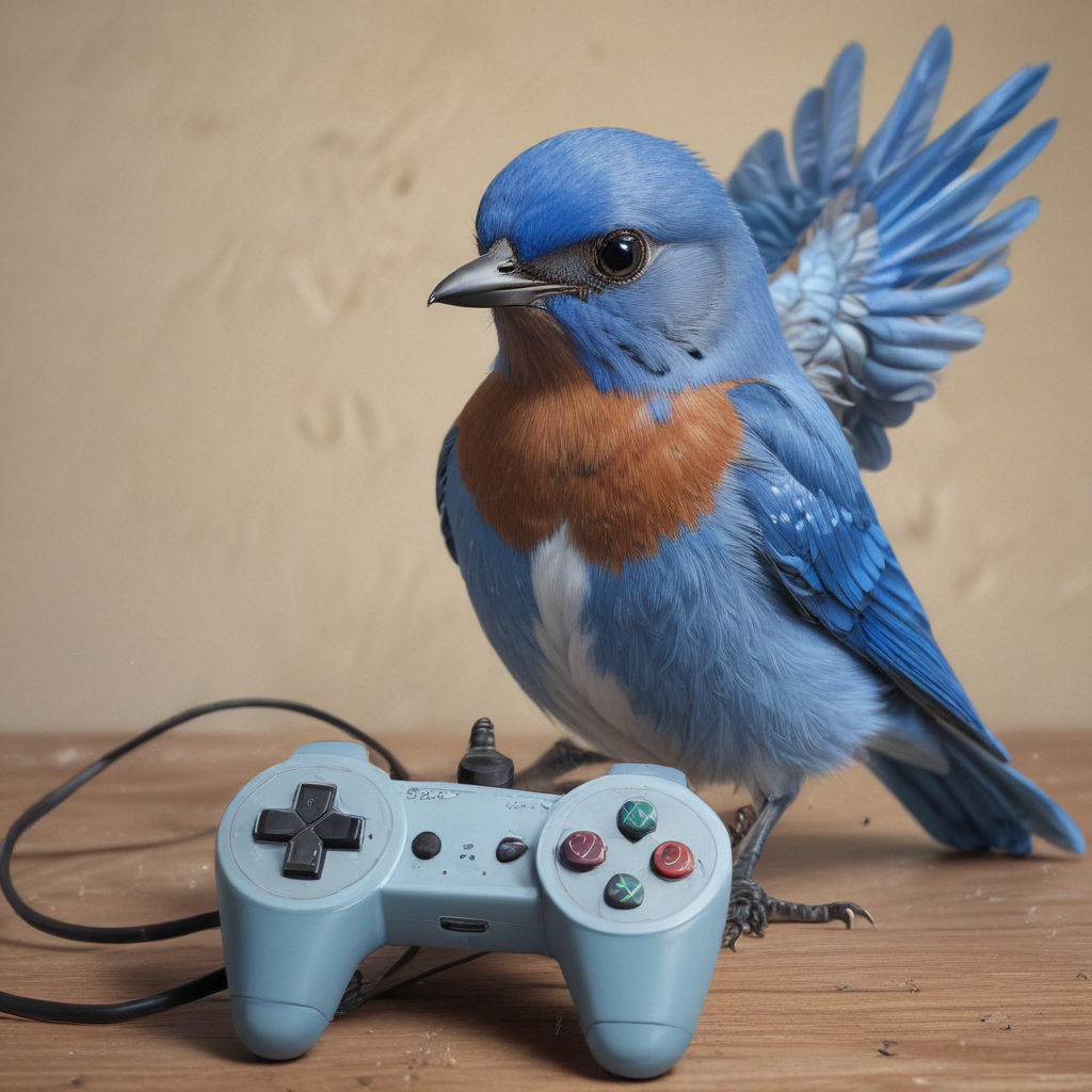 detailed illustration of a bluebird playing video games