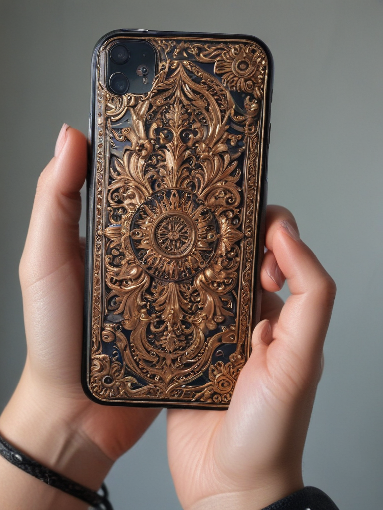 Intricate Vintage Design Phone Case Held Elegantly in a Person's Hand