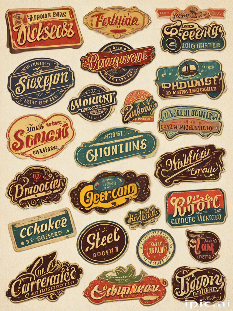 Colorful Vintage Labels Featuring Unique Designs and Playful Typography ...