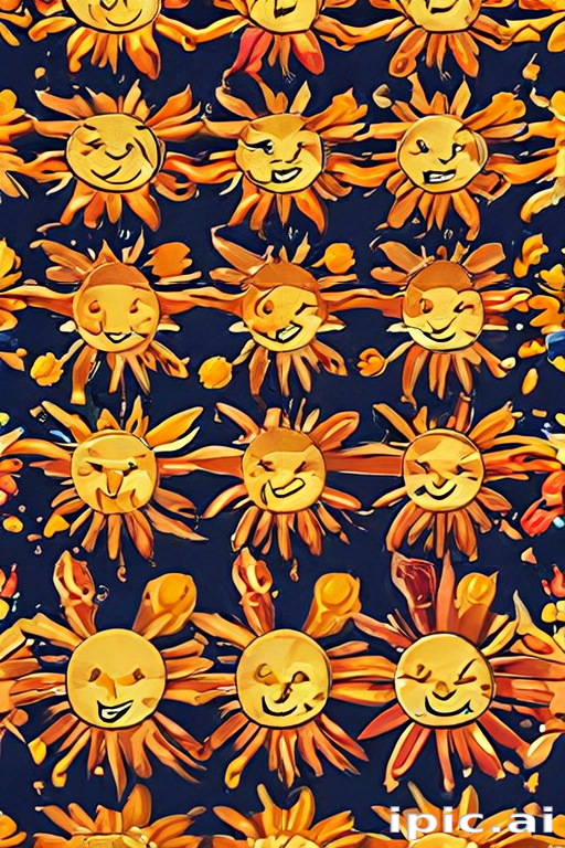 Cheerful Smiling Suns Playing Joyfully in a Colorful Patterned Background
