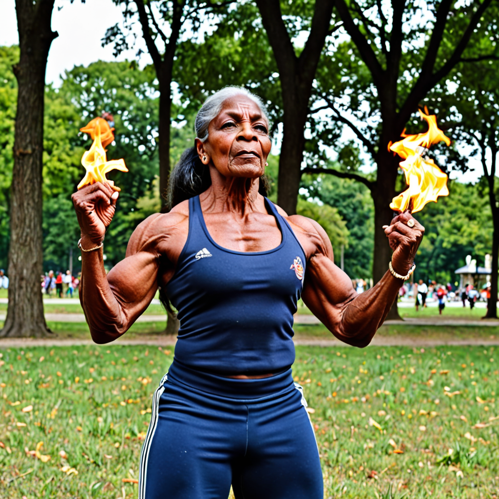 A muscular elderly female black indian bodybuilder schoolgirl eats fire ...