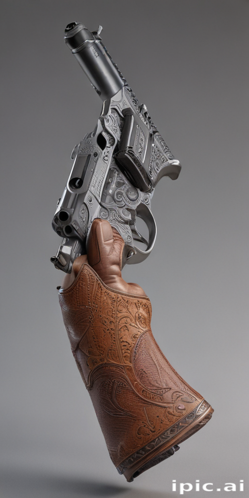 Intricately Designed Handgun with Detailed Engraving and Leather Grip