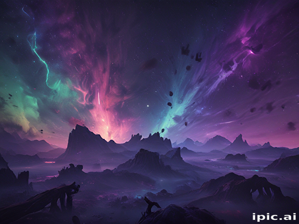 Vivid Cosmic Landscape with Colorful Nebulae and Majestic Mountain ...
