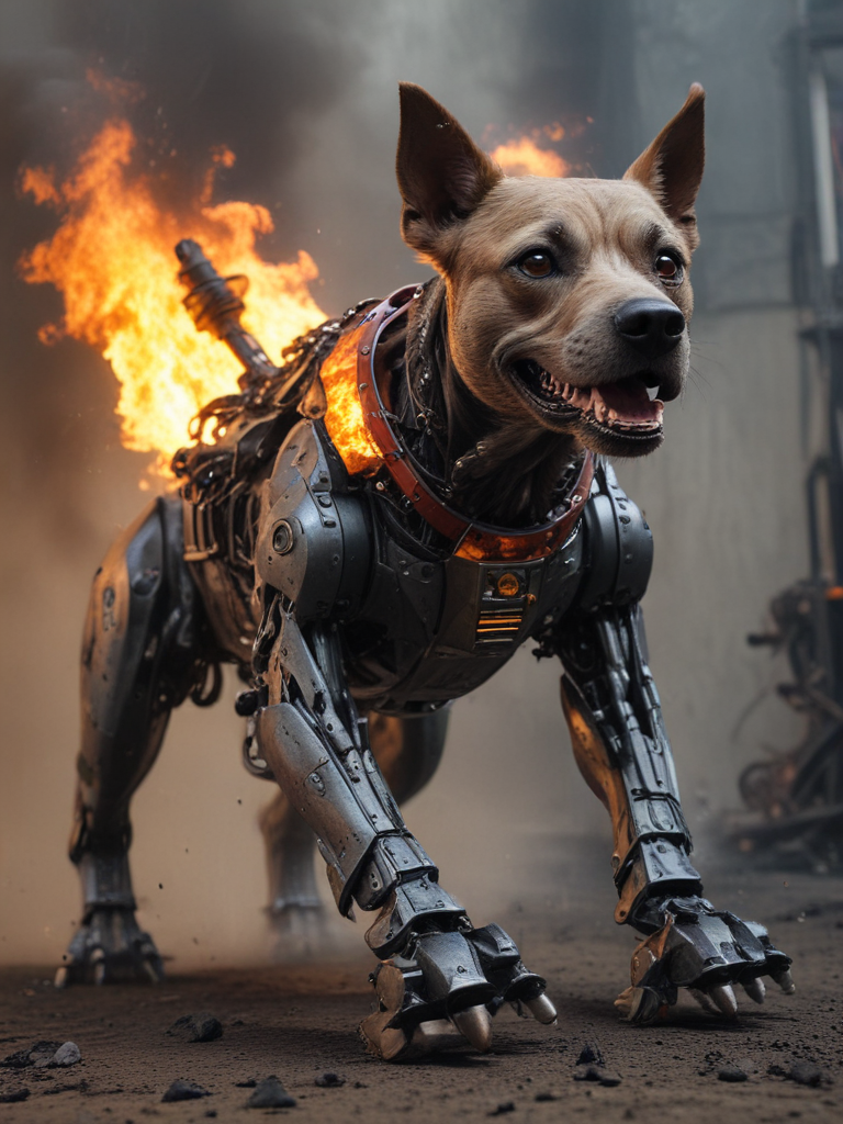 big robot dog with rocker engine running with flames