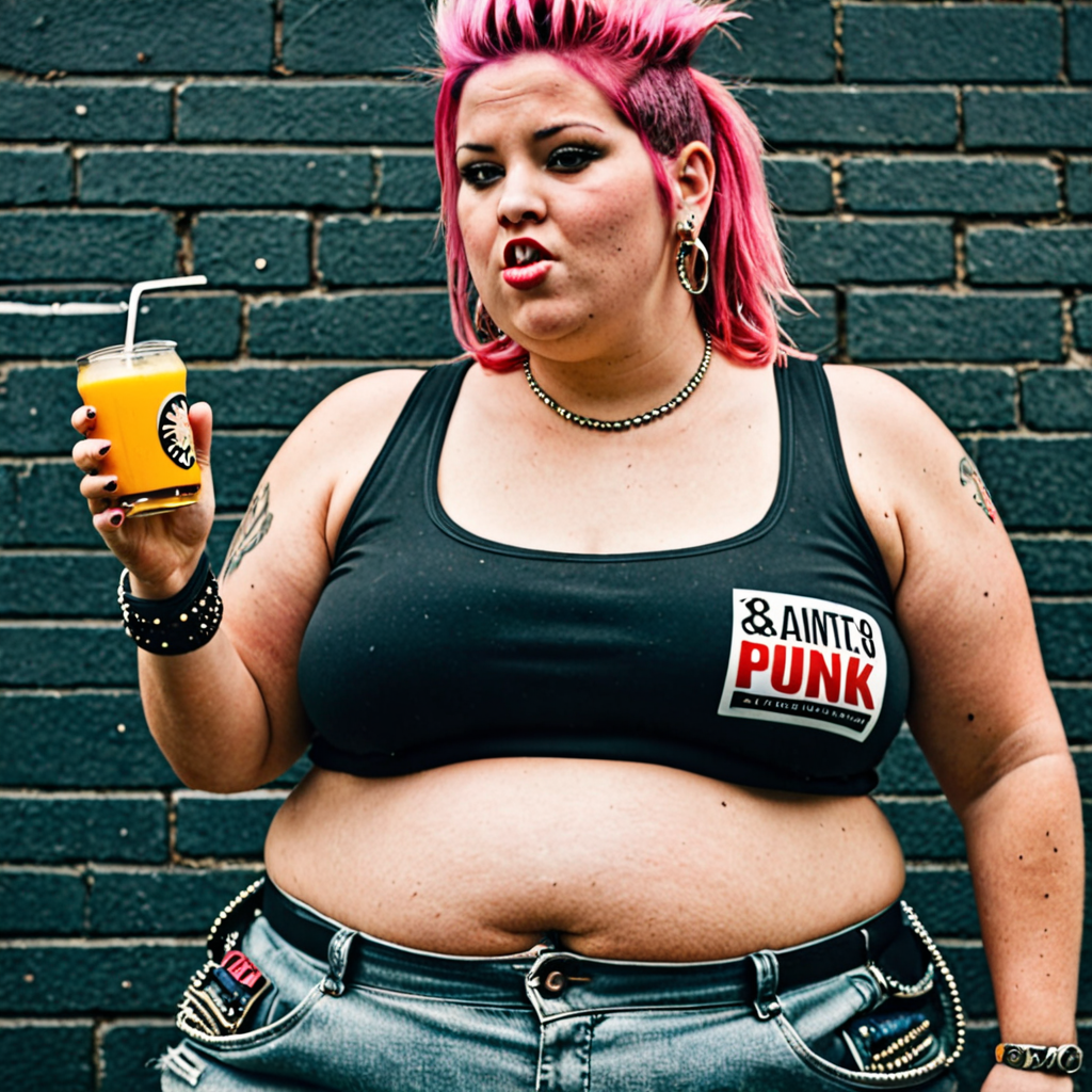 girl, punk, fat, fat belly, eating,