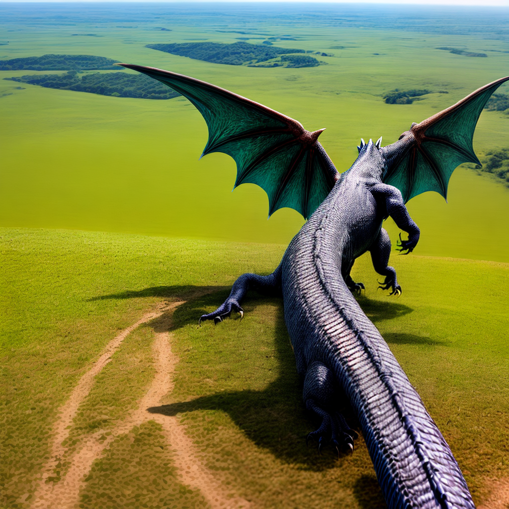 create an image of a dragon with it's tail up high, perspective from ...