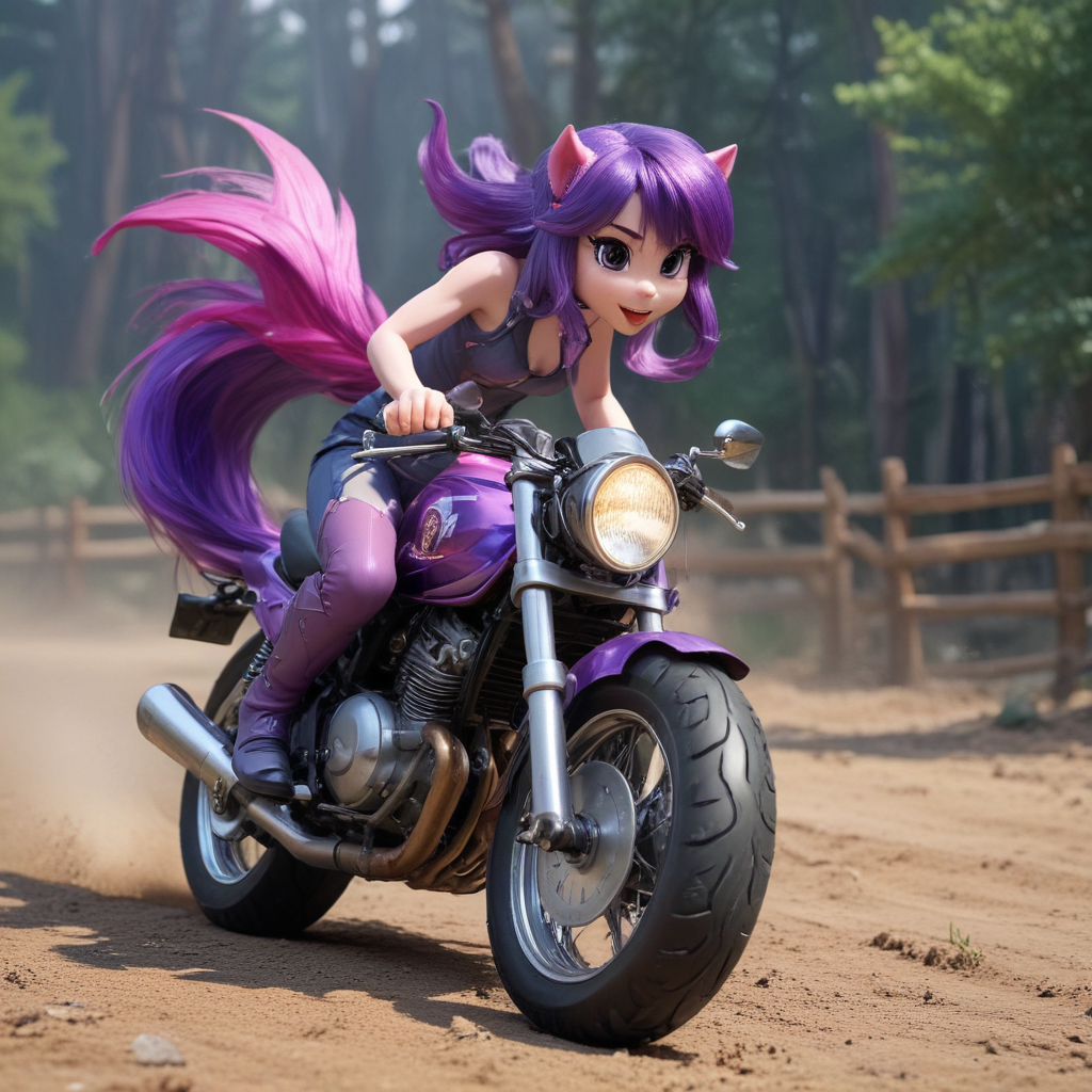 mlp pony twilight sparkle, riding a Kawasaki motorcycle