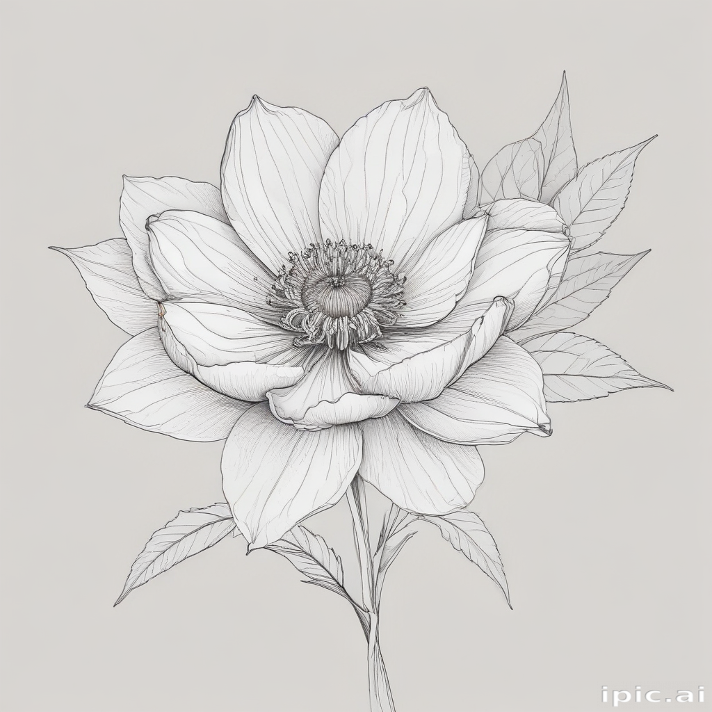 Intricate Line Drawing of a Blooming Flower with Delicate Leaves