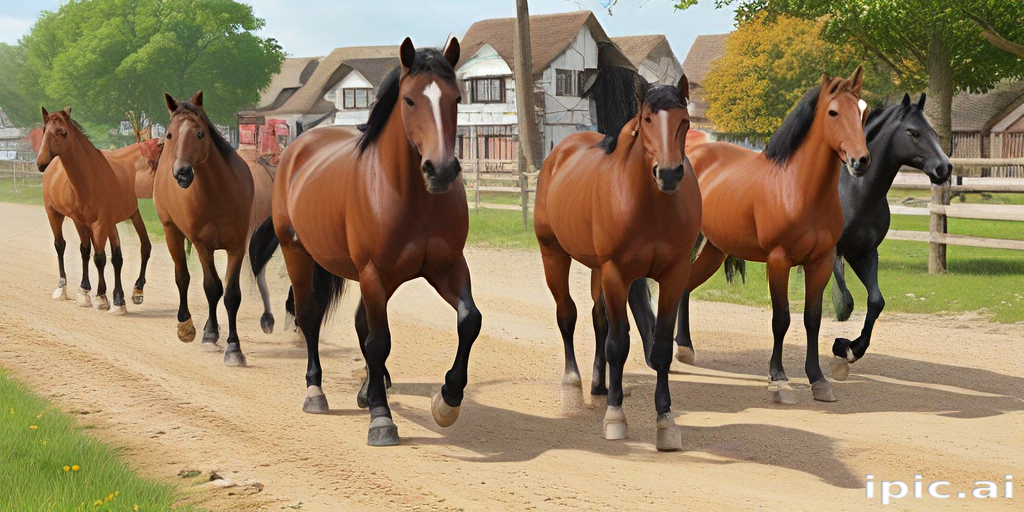 A Group of Majestic Horses Walking Together Along a Country Road.