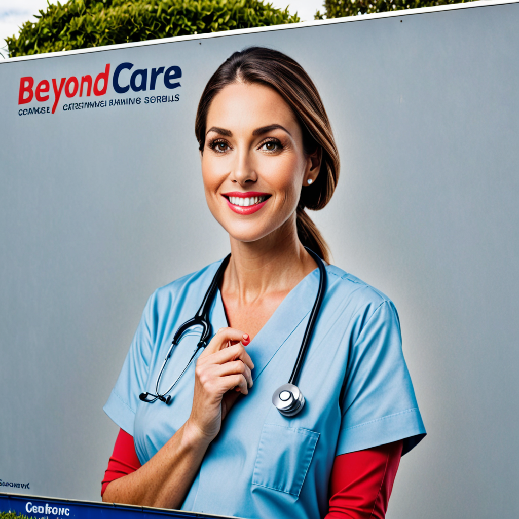 A Nurse in a Beyond Care Scrubs Ad printed on a billboard