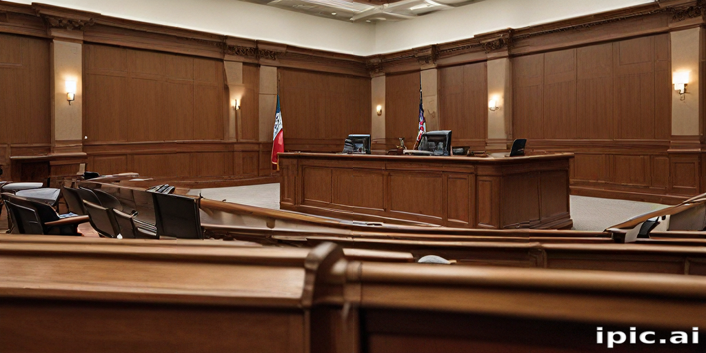 Interior View of a Courtroom with Wooden Accents and Flags Present