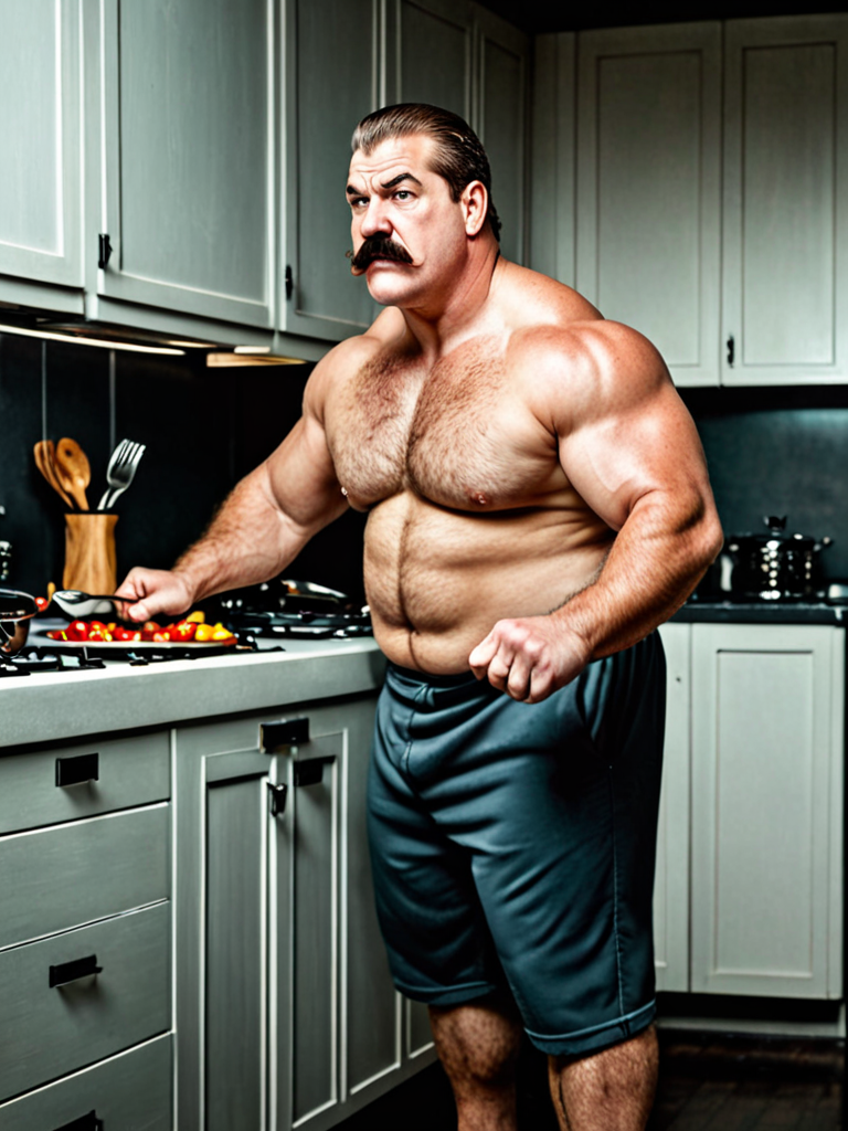huge muscular overweight man with a moustache, angry, cooking in a dark ...