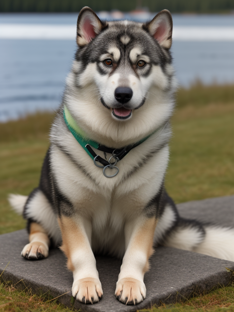 A Beautiful Siberian Husky Sitting Proudly by the Water's Edge.