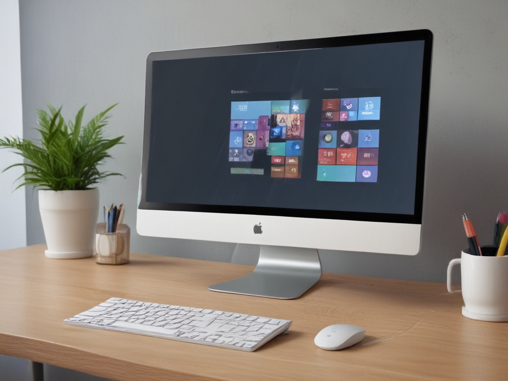 Modern Workspace Setup Featuring an Apple Computer and Stylish Accessories
