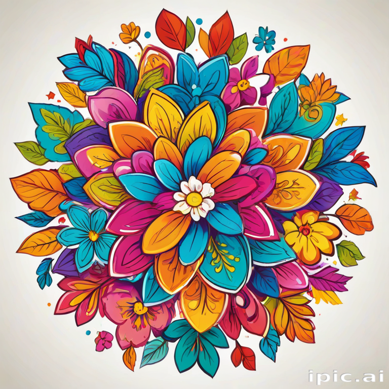 Vibrant Floral Design Featuring Colorful Leaves and Blossoms in Bloom