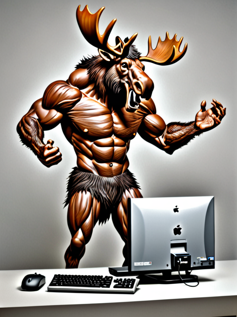 A very angry and absurdly muscular moose smashing a computer virus
