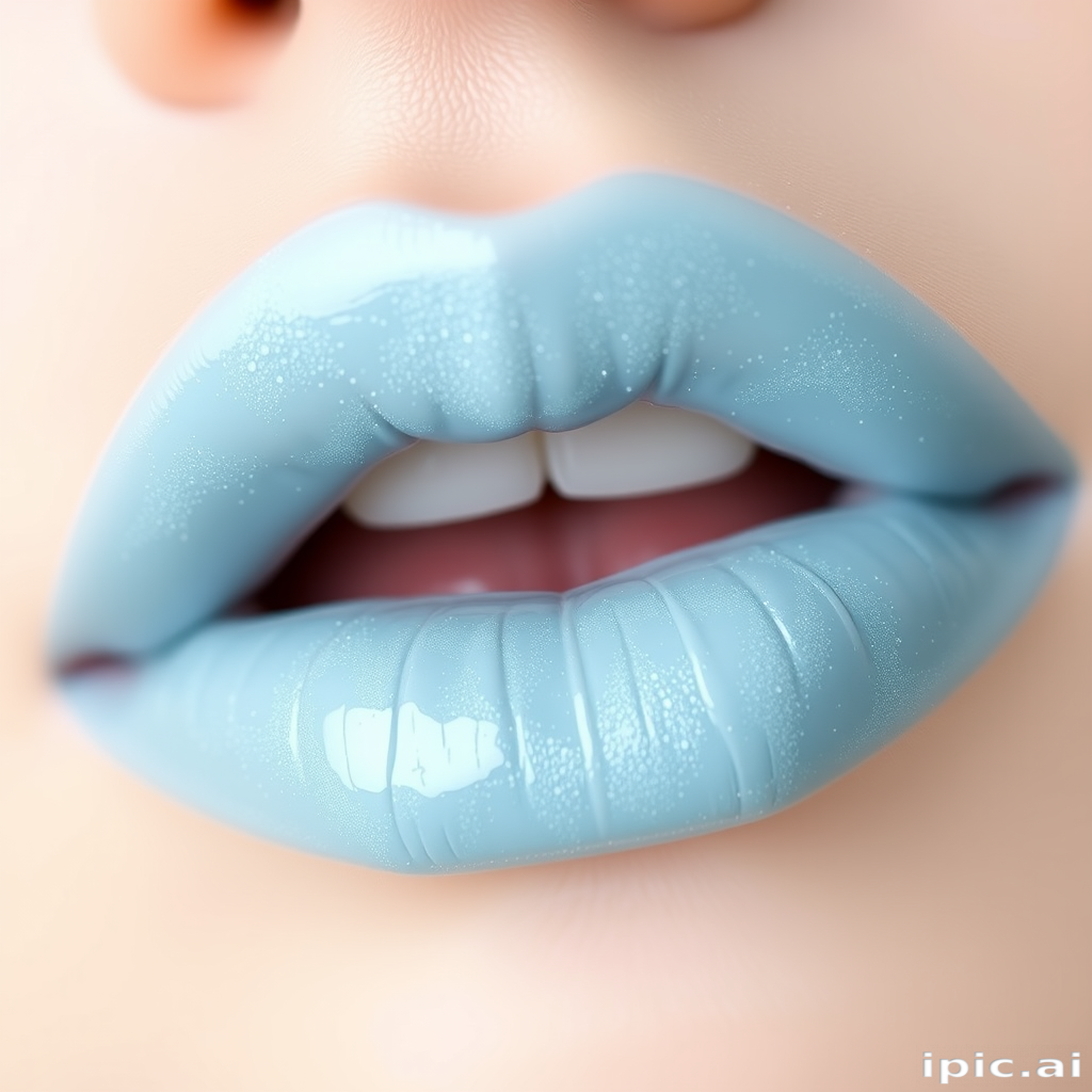 Close-up of Glossy Light Blue Lips with a Shimmering Finish