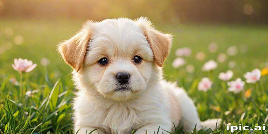 A Cute Puppy Sitting in a Flowery Meadow During Golden Hour.