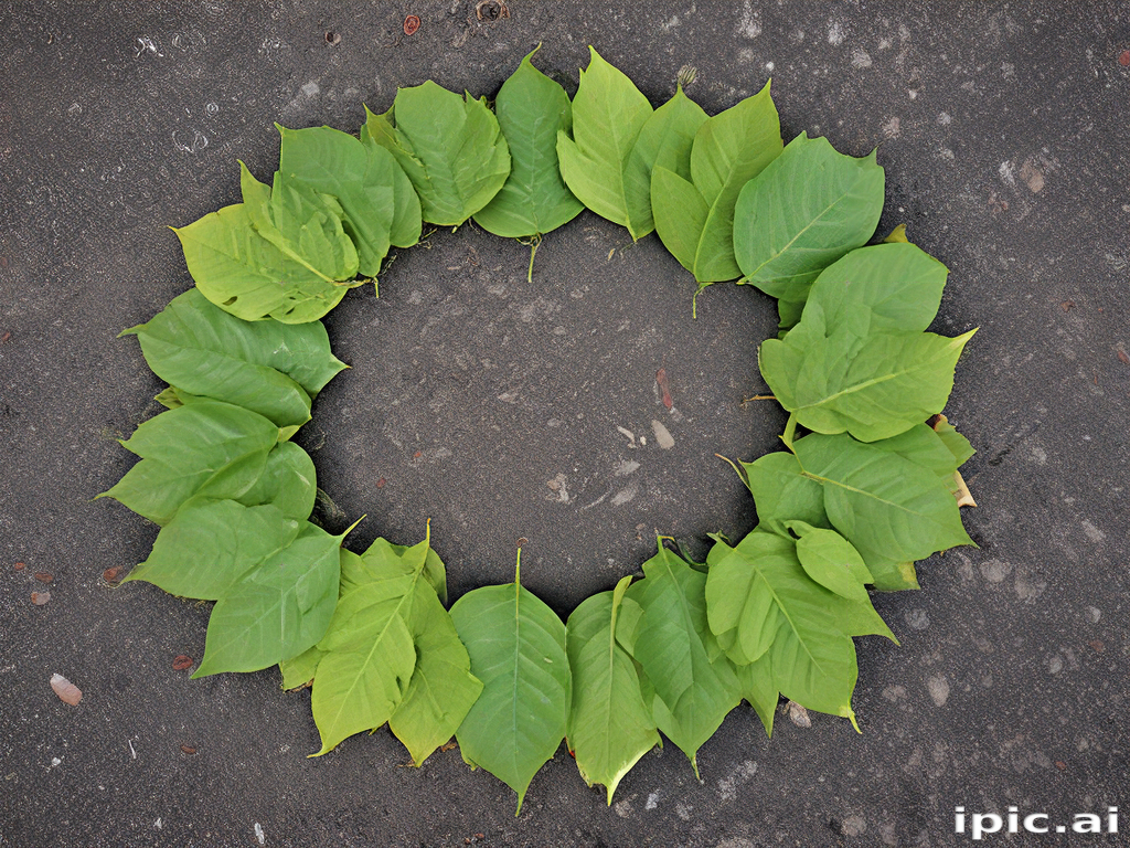 A Circular Arrangement of Green Leaves on a Dark Surface