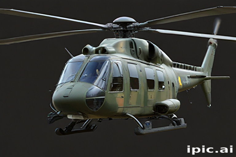Military Helicopter in Flight Against a Dark Background with Rotors ...