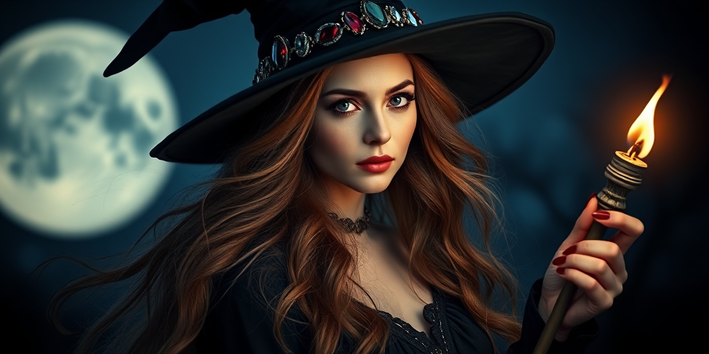 Create an ethereal portrait of a beautiful witch with long flowing hair ...