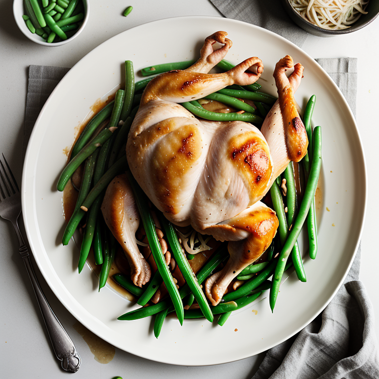 A Deliciously Roasted Chicken Served on a Bed of Green Beans and Noodles.