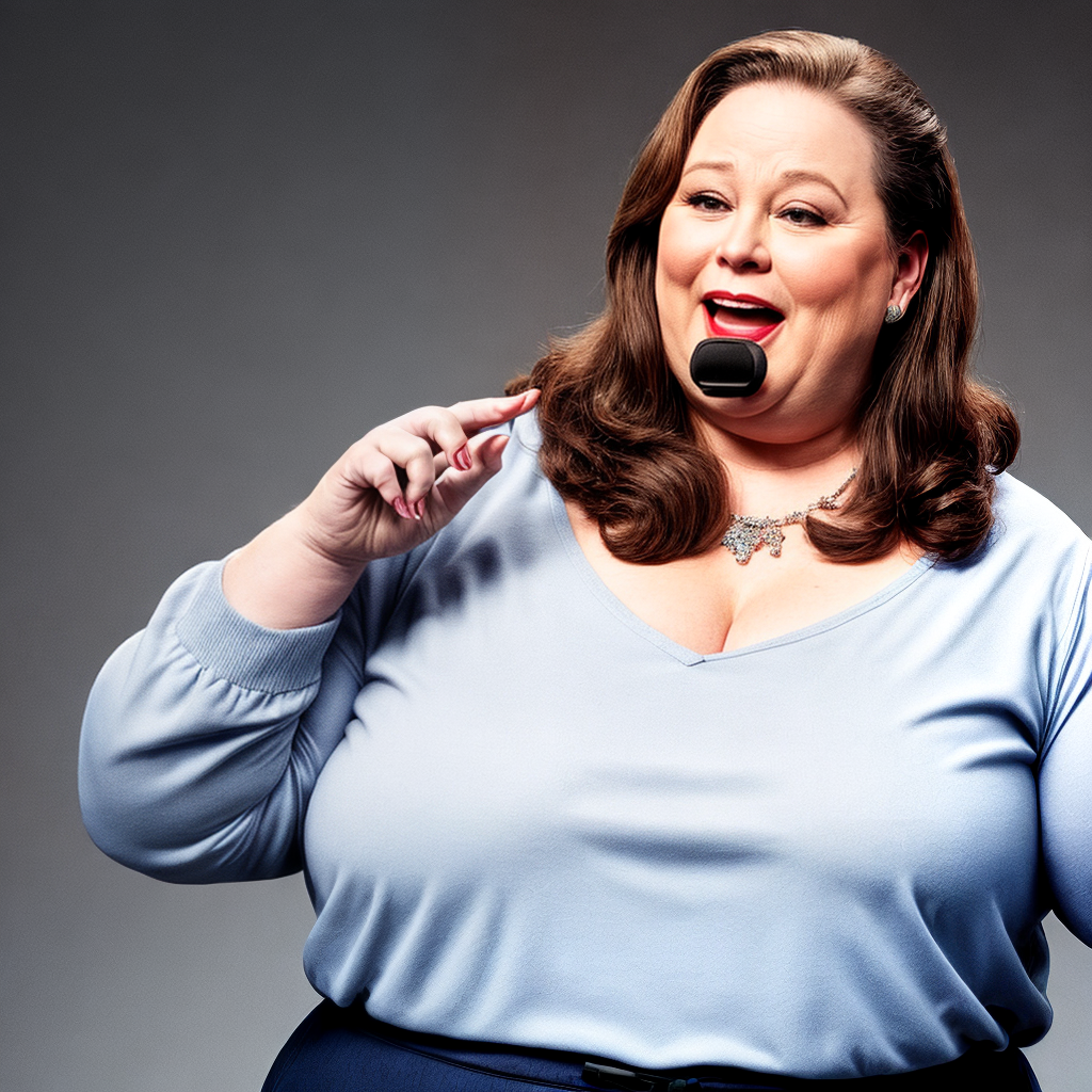 A fat Joanna Scanlan singing in a dramatic opera without microphones
