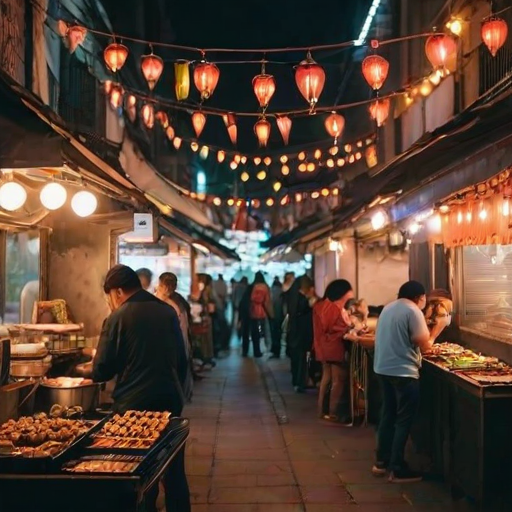 Vibrant Night Market Scene Filled with Delicious Street Food and Lanterns